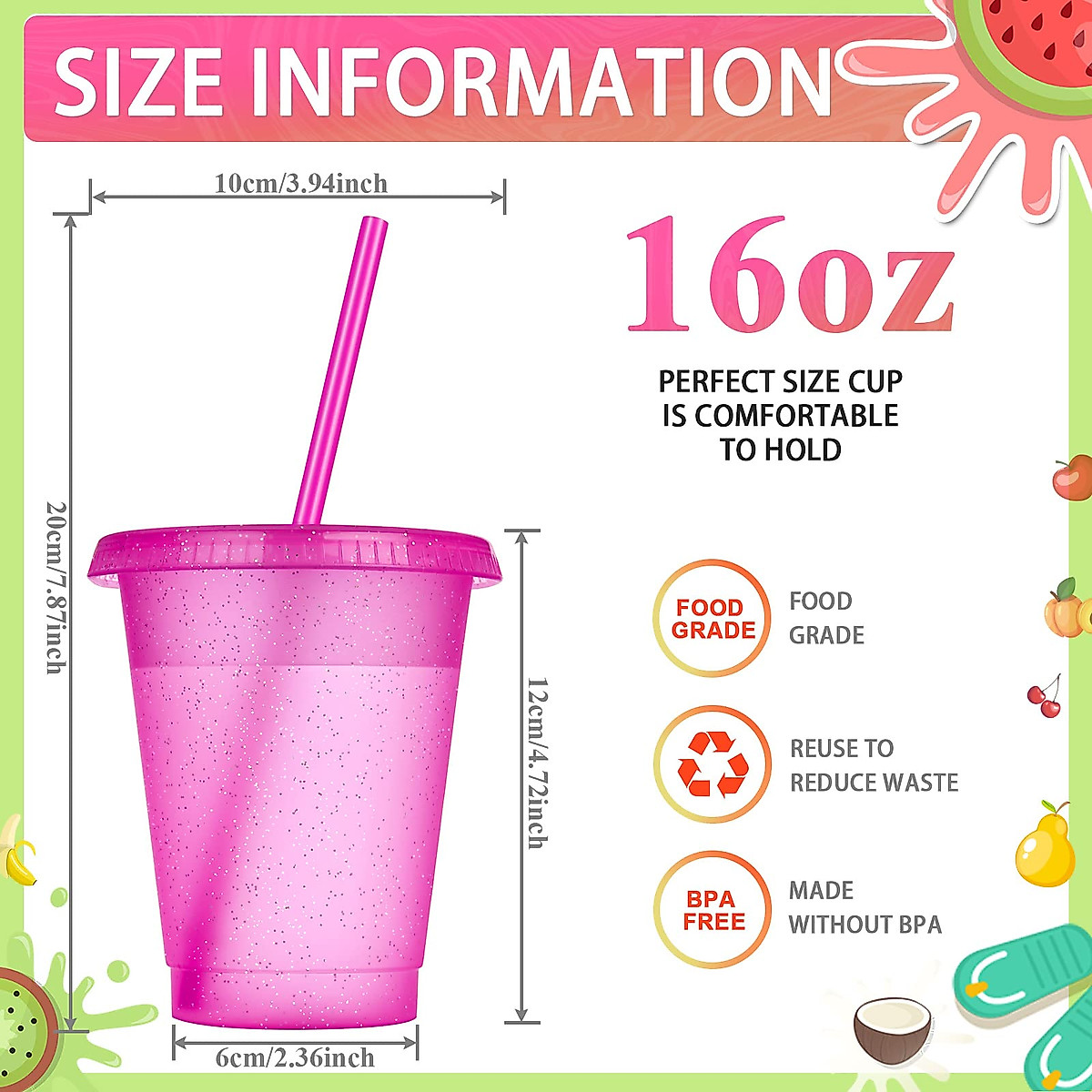 Cups with Straws and Lids Kids Tumbler with Straw Reusable Water Bottle Iced Coffee Travel Mug Cup Adults Plastic Cups for Parties Birthdays 16 oz (Bright Colors, 15 Pack)