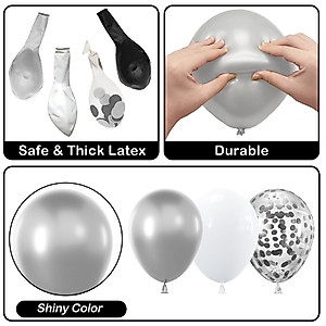 YAOWKY Black and Silver Balloons Garland Arch Kit,124pcs 18 12 10 5 Inch Black White and Silver Confetti Latex Balloons for Happy New Years Eve Party, Graduation, Wedding, Birthday Party Decorations