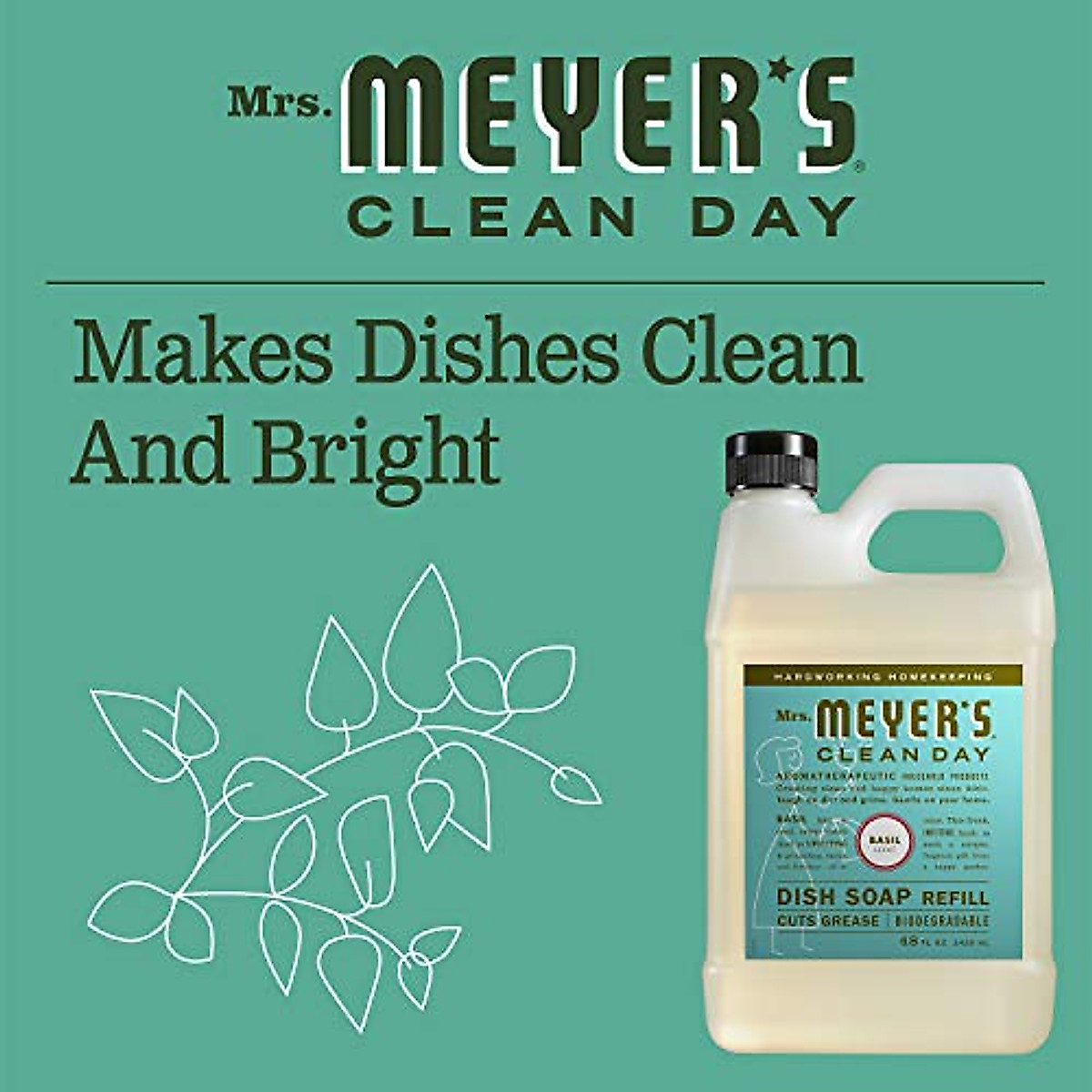 MRS. MEYER'S CLEAN DAY Liquid Dish Soap Refill, Biodegradable Formula, Basil, 48 fl. oz