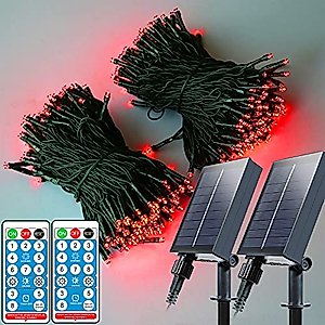 YAOZHOU Red Christmas Solar String Lights Outdoor Red 2 Pack Upgraded Solar Panel,Each 75.5ft 200LED Fairy Lights with 8 Modes IP65 Waterproof Lights for Tree Garden Patio Wedding Party Yard Decor