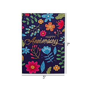 Anniversary Card - Gold Foil Multicolored Floral Dark Blue Textured Greeting Card with Kraft Envelope - 5" x 7" - Happy Anniversary Card For Couple, Valentine, Employee, Him or Husband - Blank Inside