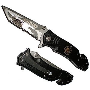 Black Handle Camo Blade KILL'EM ALL LET GOD SORT'EM OUT U.S. MARINES SPRING ASSISTED RESCUE POCKET KNIFE WITH GLASS BREAKER