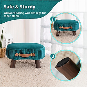 LUE BONA Small Curved Foot Stool with Handle, Velvet Footstool and Ottomans, Modern Foot Rest with Wooden Legs, Step Stool with Padded Seat for Couch, Living Room, Teal