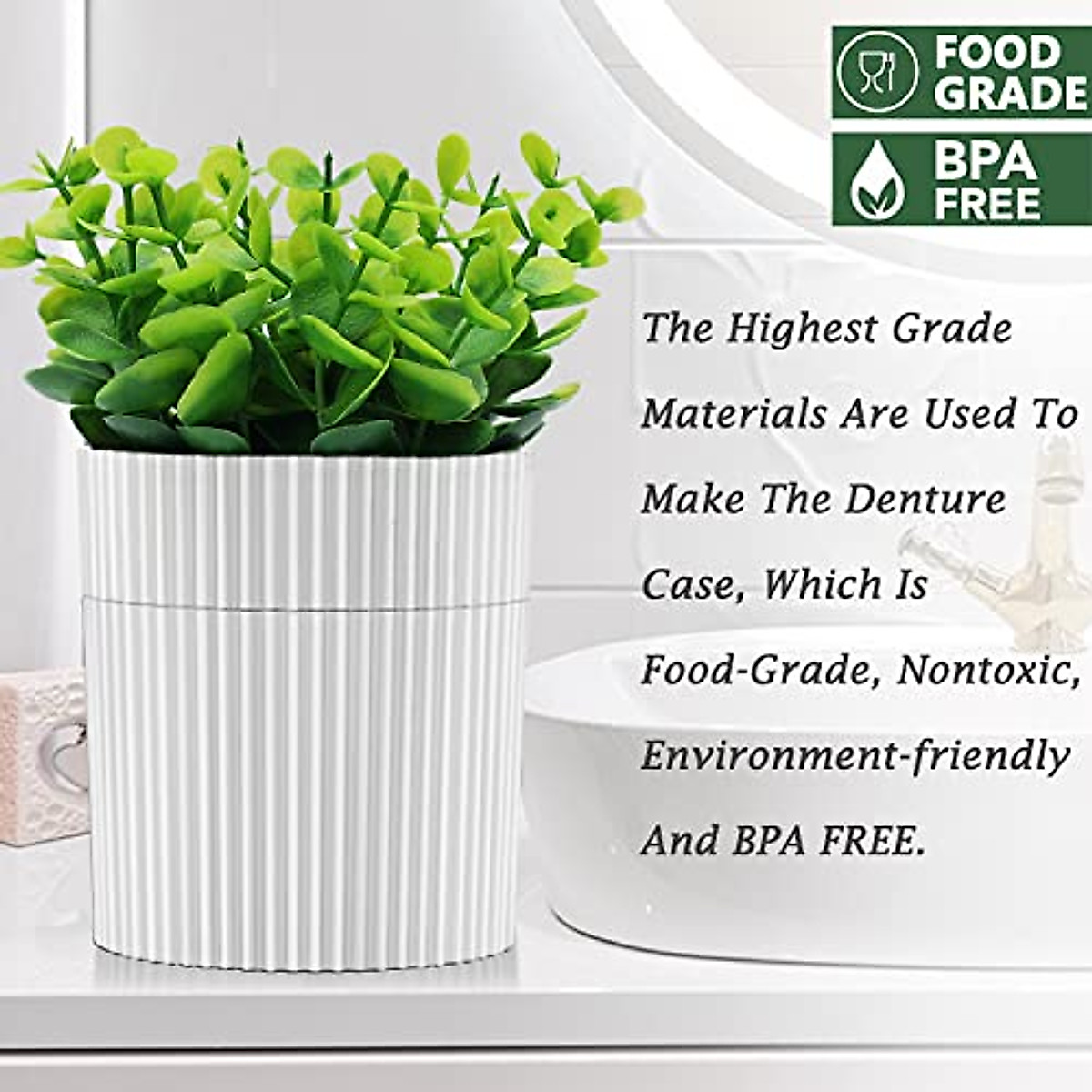 Denture Bath, Invisible Denture Case Designed As Artificial Eucalyptus Potted Plants, Denture Cup With Strainer For Retainer, Mouth Guard & Dentures, Perfect For Home Decoration…