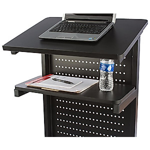 Displays2go Mobile Podium, 46.5 x 23 Inches, Locking Wheels, Shelf Included, Black Steel, MDF Wood (LCTMOBMETB)