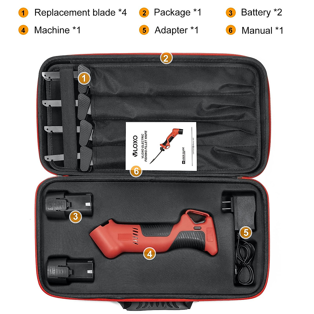 VLOXO Cordless Electric Fillet Knife with 4 Ti-Nitride S.S. Coated Non-Stick Blades & 2 Batteries Safe Lock Non-Slip Grip Handle Rechargeable Electric Fishing Knife Outdoor Edge Knife for Fishing