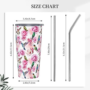 Yaxongx 20oz Tumbler Roses Hummingbird Double Wall Vacuum Insulated Coffee Mug with Lid and Metal Straw Brush Reusable Stainless Steel Water Bottle Travel Cup Gifts for Car Ice Drinks Hot Beverage