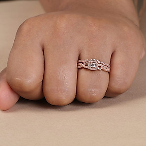 DZON IGI Certified 10k Rose Gold 3/8CT TDW Princess & Round Cut Diamond Halo Engagement Ring Set Love Gift for Women (I-J, I2)