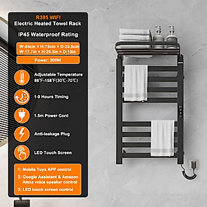 Heated Towel Rack, WiFi Towel Warmer Rack, für Alexa und Google Home and TUYA APP, Heated Towel Racks for Bathroom, with 1H-9H Hour Timer 86℉-158℉ Temperature Control-WiFi Black Right