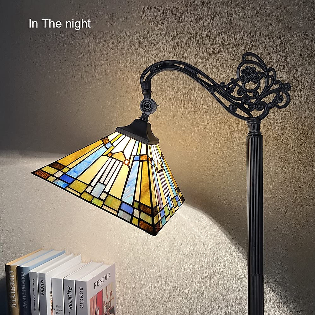 Capulina Tiffany Floor Lamp H62 Tall Antique Mission Style Stained Glass Soft Light Arched Gooseneck Adjustable Angle Reading Lamp for Living Room Bedroom