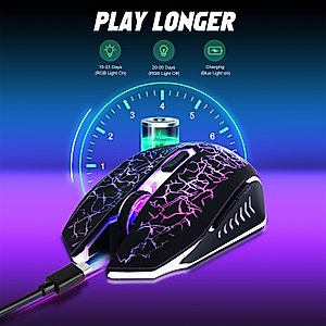 LuLabboard Wireless Gaming Mouse, Rechargeable Wireless Computer Mouse, 7-Color LED Light, Ergonomic Mouse with 6 Silent Click Buttons, 3 Adjustable 2400 DPI Wireless Mouse for Laptop,PC,Mac, Black
