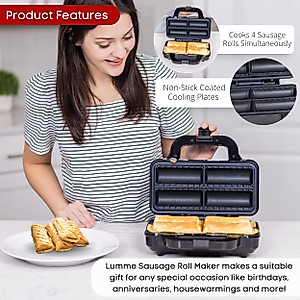 Lumme Sausage Roll Maker, Snack Maker, Delicious Pizza Pockets, Hot Dogs in Blanket, Hot Apple Pie, Chocolate Roll, Sausage Rolls, Fits 4, Non-stick, Make Quick, and savory meals Black