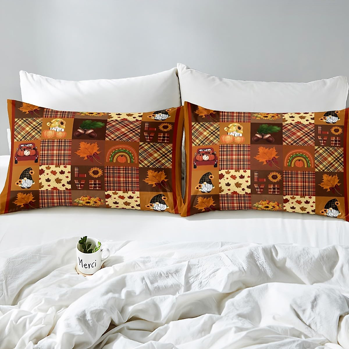 Fall Season Sheet Set Full Size for Boys Girls Autumn Harvest Decoration Bed Sheets Set, Thanksgiving Day Gifts for Kids Teens Women Geometry Plaid Print Flat Sheet Maple Leaves Rainbow Decor Bedding