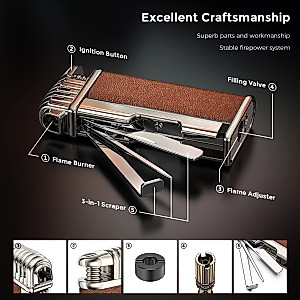 Pipe Lighter with Metal Tools Angled Soft Flame Butane Gas Refillable Gift for Men (Sold Without Gas)