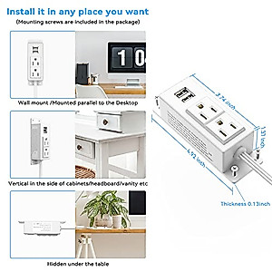 Kungfuking Power Strip with USB, Wall Mountable Socket Surge Protector Power Strip with 2 AC Outlets and 2 USB Charging Ports White Extension Cord 6.56 FT, Flat Plug