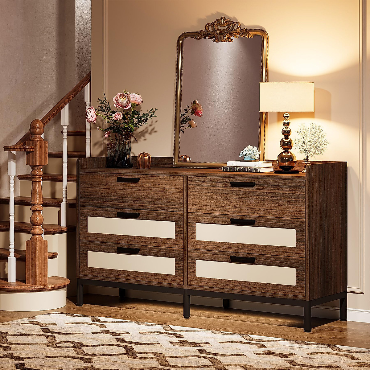 Tribesigns 6-Drawer Dresser for Bedroom, 55" Mid-Century Rustic Chest of Drawers, Wide Wood Storage Long Double Dresser Organizer for Nursery Bedroom Living Room Closet, Dark Brown