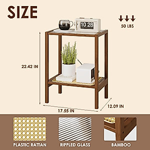 Bamworld Rattan Side Table Living Room Glasstop Night Stand Boho End Table 2-Tier with Storage Mid Century Modern Bedside Table for Small Spaces Narrow Coffee Table Bamboo