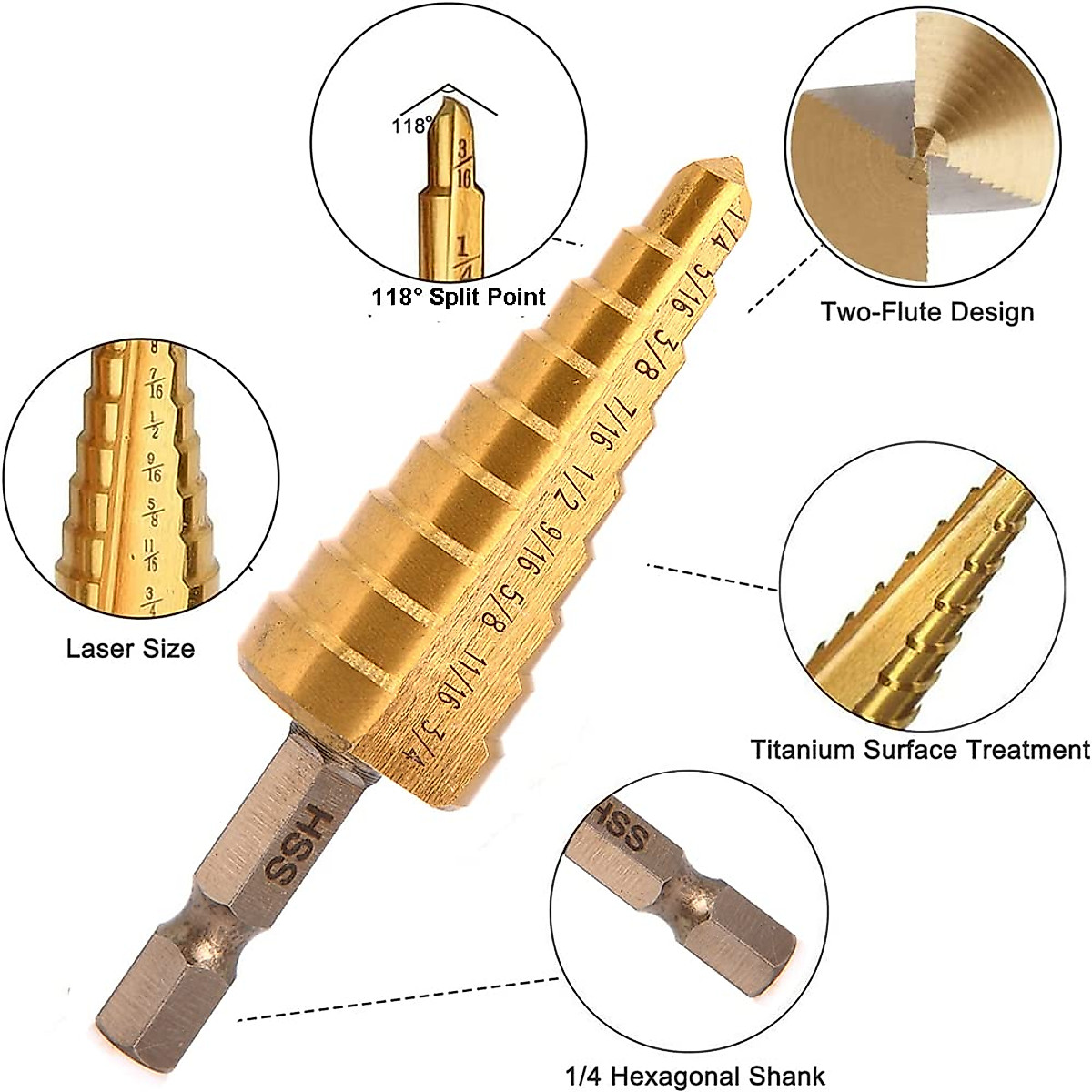 Sinoprotools Step Drill Bit & Automatic Center Punch,3pcs HSS Titanium Step Drill Bit Set, Quick Change 1/4" Shank Step Bit,Unibit Step Bits for Plastic, Wood, Sheet Metal Hole Drilling