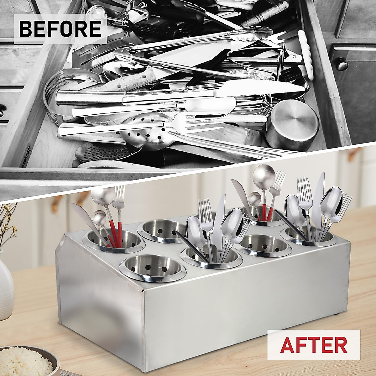 tonchean Stainless Steel Utensil Organizer, 8 Hole Commercial Silverware Caddy with Removable Cups, Restaurant Flatware Cylinder Holder Silverware Holder for Party