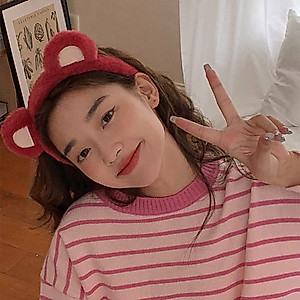 ZHOUMEIWENSP Bear Ears Cute Headband Fluffy Hairband, Animal Head Wear for Party Celebrations Cosplay Dress up Costume Makeup Washing Face Kids Adults Women Gift (Rose red)