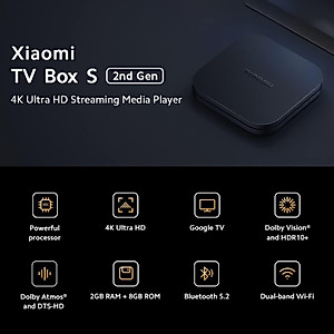Xiaomi TV Box S 2nd Gen - 4K Ultra HD Streaming Media Player, Google TV Box with 2GB RAM 8GB ROM, 2.4G/5G Dual WiFi, Bluetooth 5.2 & Dolby Audio and DTS-HD, Dolby Vision, HDR10+