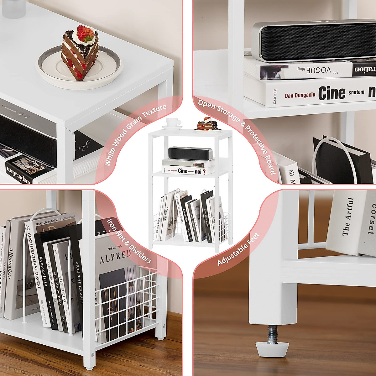 LELELINKY White Side Table,Small End Table with Storage Shelf,3 Tier Industrial Bedside Tables,Vinyl Record Player Stand,Modern Sofa Night Stands for Living Room Bedroom Office Small Spaces