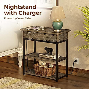 Rolanstar End Table with Charging Station, Narrow Nightstand, Flip Top Side Table with USB Ports and Storage Shelves for Small Spaces, Living Room, Bedroom, Grey