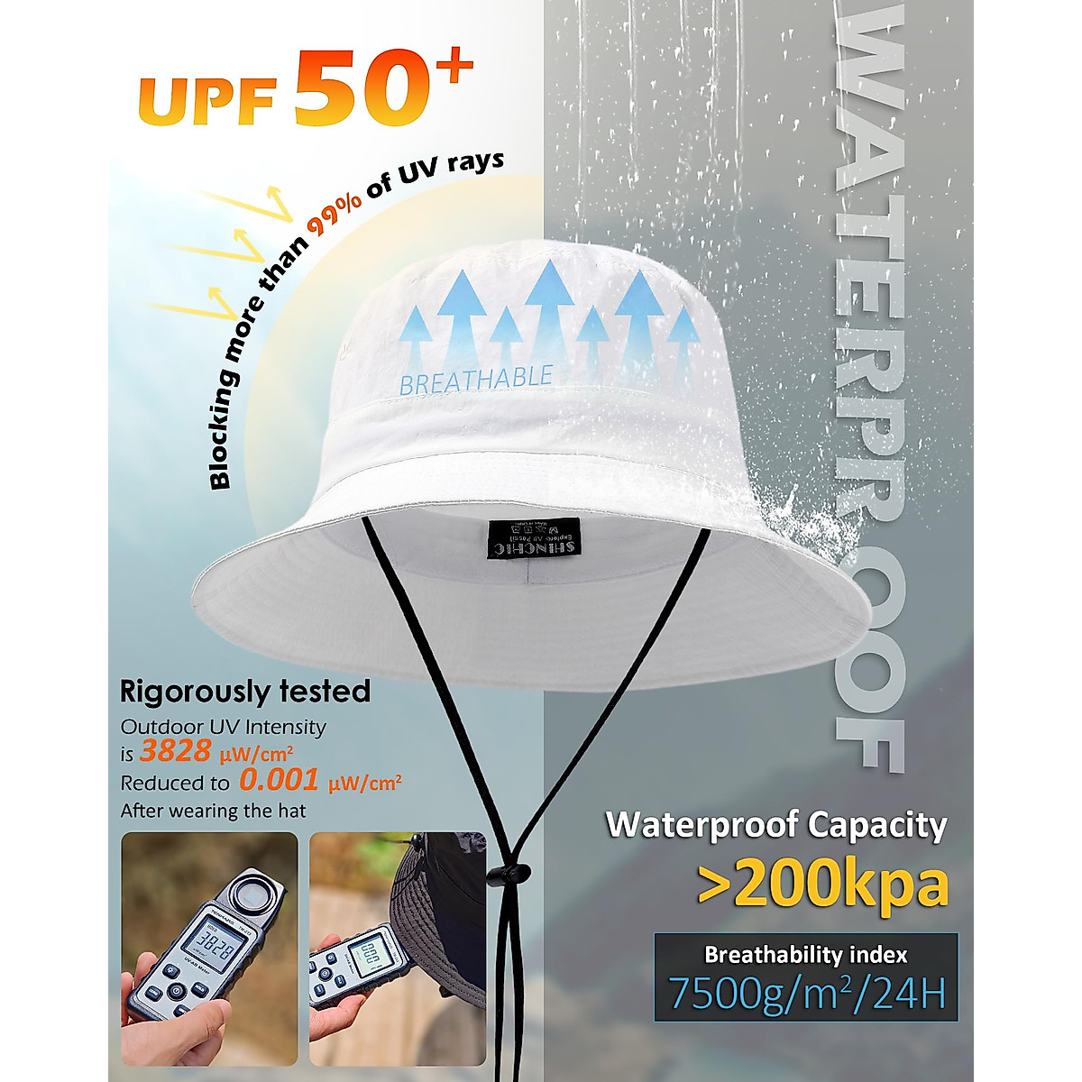Waterproof Bucket Hat for Women Men Rain Hat UPF 50+ Wide Brim Boonie Sun Hat Foldable Summer Floppy Beach Fishing Safari Hat White