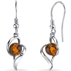 Peora Genuine Baltic Amber Open Spiral Dangle Earrings for Women 925 Sterling Silver, Round Shape, Rich Cognac Color, Fishhooks
