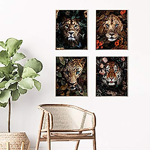 AllBlue Jungle Safari Animal Wall Art Prints Poster Lion Tiger Leopard Animal Wall Decor Set of 4 Animal Wall Pictures for Living Room Home Decor (8"x10" Unframed)