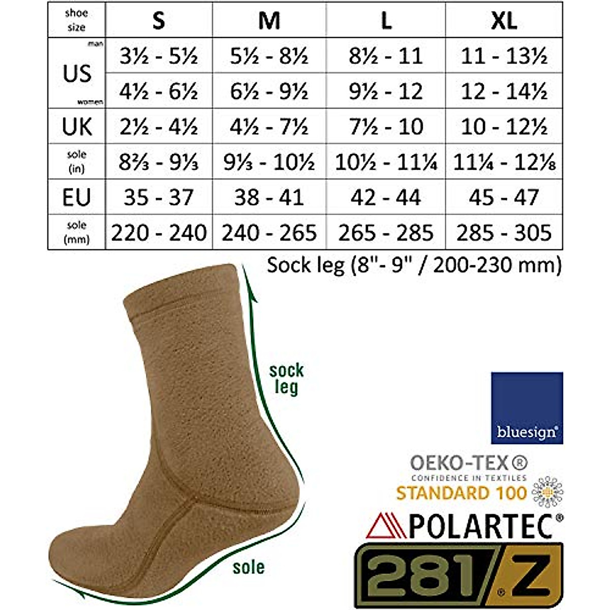281Z Hiking Warm 8 inch Boot Liner Socks - Military Tactical Outdoor Sport - Polartec Fleece Winter Socks (Small, Coyote Brown)