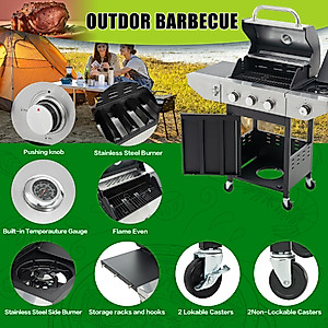 Lepfun High-Performance 3 Burner 9550 BTU Gas Hood & Side Shelves Heavy Duty Flat Top Griddle Grill Station, Barbecue Grill Stainless Steel Gas Grill with Side Burner and Thermometer for BBQ, Camping