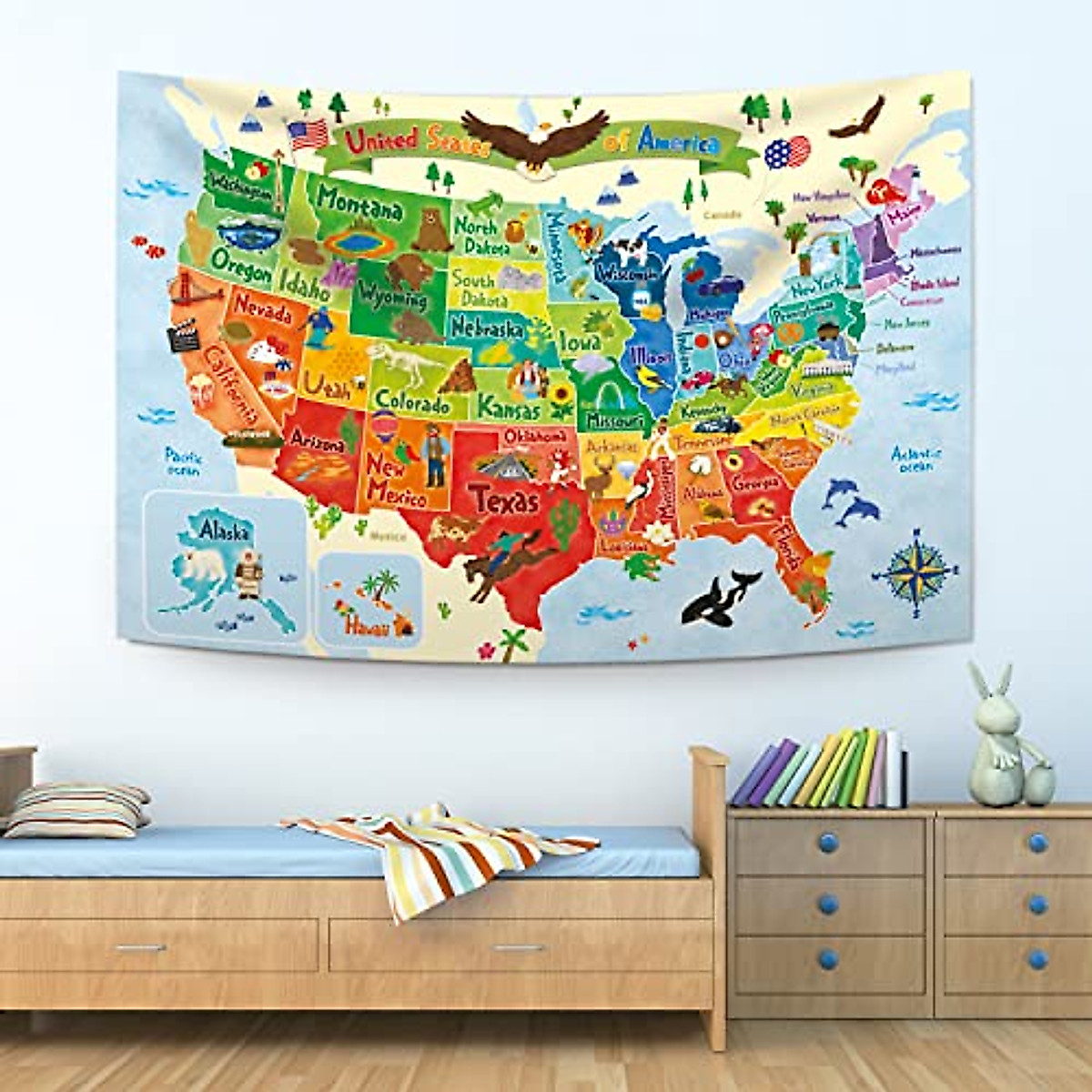 BASHOM TP-008 United states MAP Tapestry 60''x40''(150x100cm) Poster for Kids Educational learning Wall Hanging for Bedroom Living Room Nursery Dorm Home Decor USA America US map