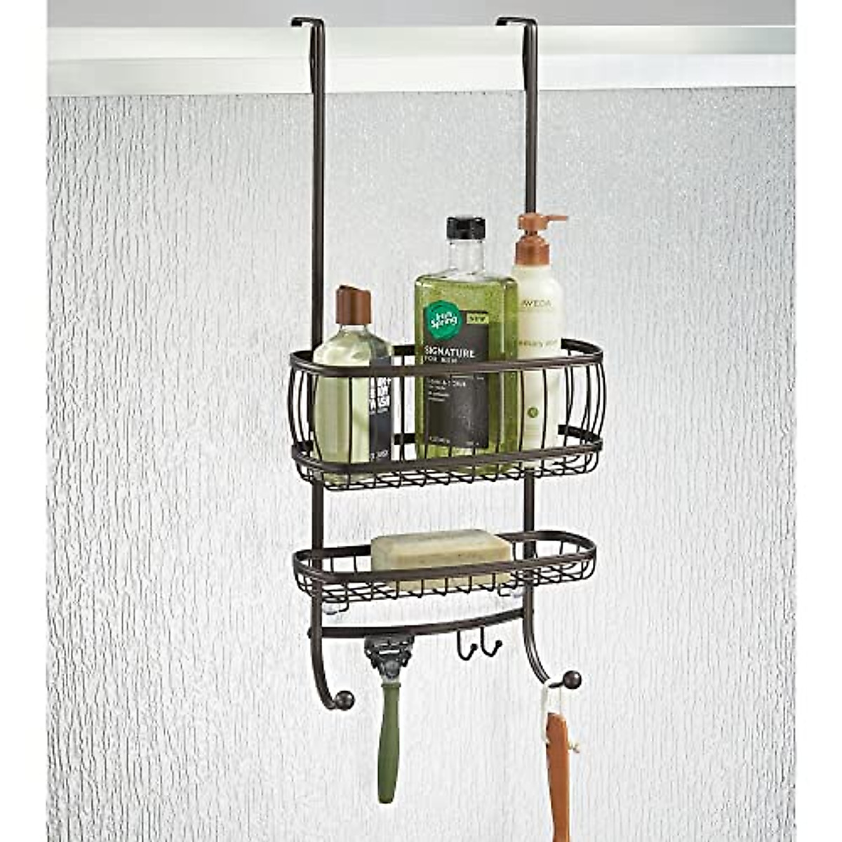 mDesign Metal Wire Over Door Bathroom Tub & Shower Bath Caddy, Hanging Storage Organizer Center - Holds Shampoo, Conditioner, Body Wash, Razor, Towel - 2 Baskets, 6 Hooks - Hyde Collection - Bronze