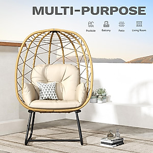 DWVO Egg Basket Chair Patio Chair with Stand Anti-Slip All-Weather Poratble Wicker Egg Lounger Chair for Indoor Outdoor 330LBS (Beige)