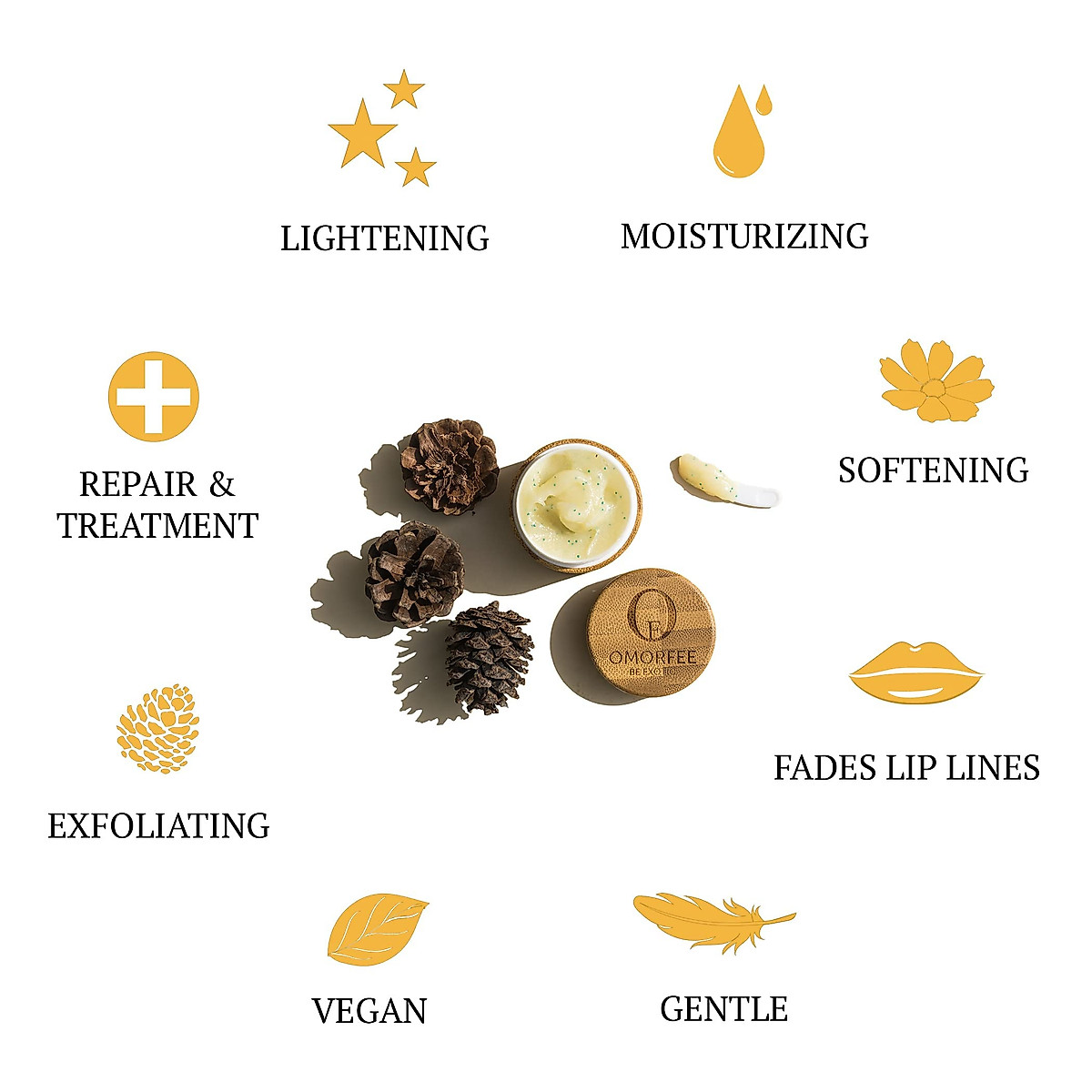 Omorfee 100% Organic Lip Lightening Scrub, Vegan Lip Exfoliator & Moisturizer, Gentle Overnight Lip Mask Treatment, With Kojic Acid, Vitamin E & Natural Beads for Dull, Dry & Dark Lips- 20g/0.70Oz