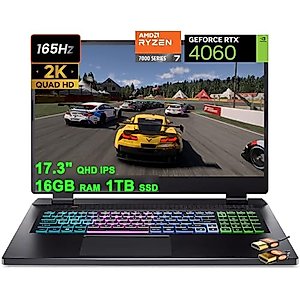 acer Nitro 17 Gaming Laptop 17.3" QHD IPS 165Hz AMD 8-Core Ryzen 7 7840HS (Beats i7-11800H) 16GB RAM 1TB SSD GeForce RTX 4060 8GB Graphic RGB Backlit USB-C Killer E2600 Win11 Black + HDMI Cable