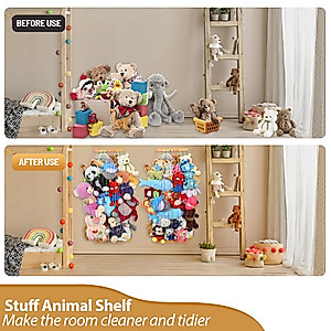 PHOENANCEE Stuff Animal Organizer for Plushies,Stuffed Animal Storage Wall,Plush Toys Holder Net Zoo for Kids Nursery Playroom Bedroom,Save Space,Length Adjustable,Upgraded,2 Pack(Natural Wood)