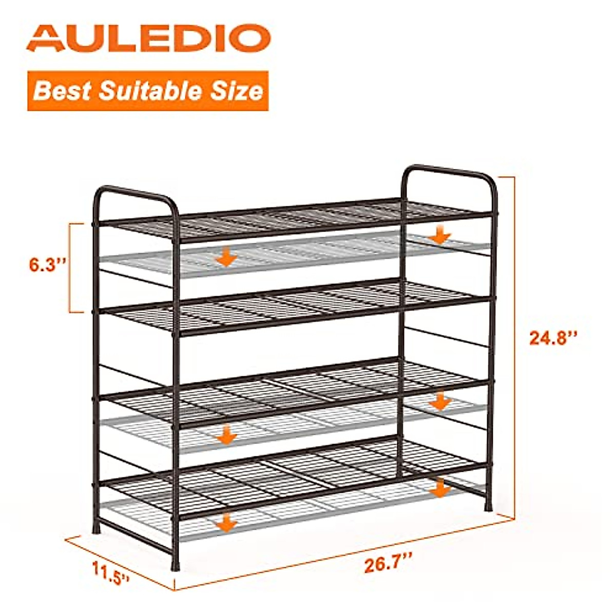 AULEDIO 4-Tier Shoe Rack,Stackable and Adjustable Multi-Function Wire Grid Shoe Organizer Storage,Extra Large Capacity, Space Saving, Fits Boots, high Heels, Slippers and More(Bronze)