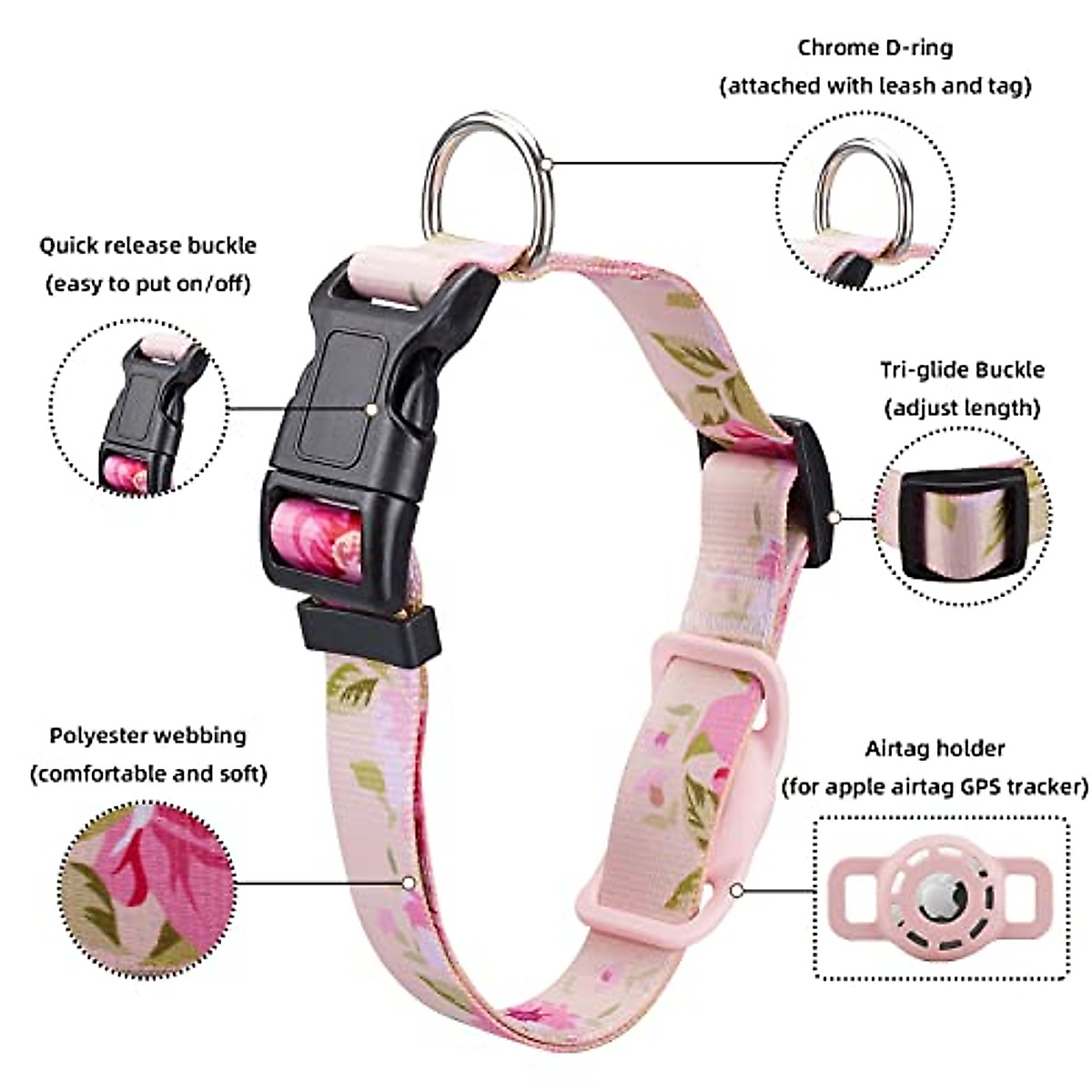 Konity AirTag Dog Collar, Compatible with Apple AirTag 2021, Polyester Pet Cat Puppy Collar with Silicone AirTag Holder for Small, Medium, Large, & Extra Large Dogs, Pink Rose, S: 9.8''-15.7'' Neck