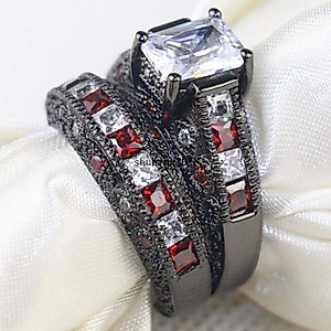 Two Rings His Hers Wedding Ring Sets Couples Rings Women's Black Gold Filled White CZ Wedding Engagement Ring Bridal Sets & Men's Stainless Steel Wedding Band