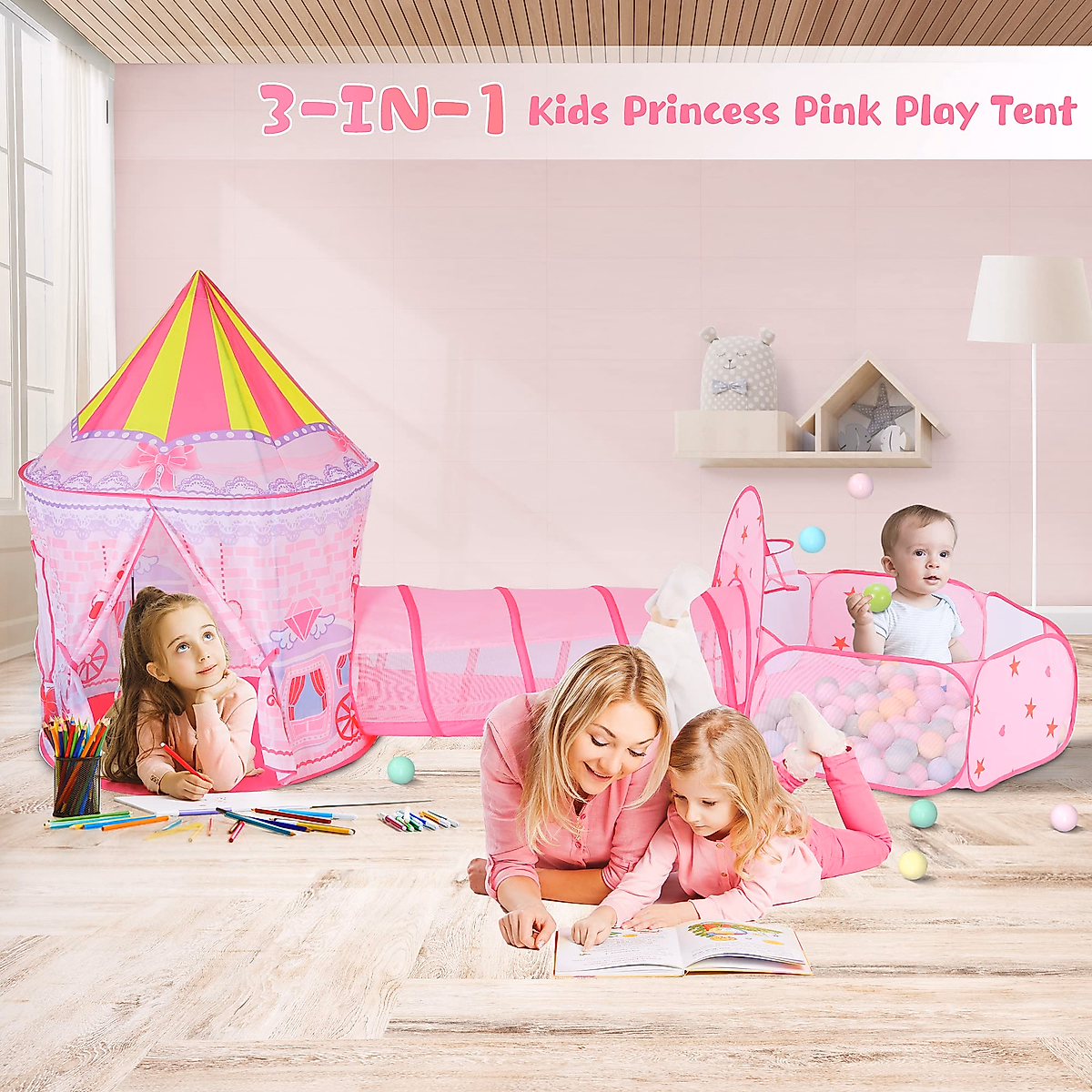 LOJETON 3pc Princess Fairy Tale Kids Play Tent, Oval Crawl Tunnel, Ball Pit for Toddlers, Indoor Outdoor Playhouse Castle Toys, Baby Boys Girls for 3 4 5 6 7 Years Old (Balls Not Included)