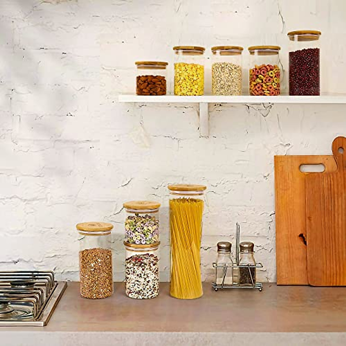 M MCIRCO Kitchen Canisters Set, 9Pcs Airtight Glass Jars with Bamboo Lids, Glass food Storage Containers for Kitchen & Pantry Organization, Cookie, Coffee, Pasta, Nuts and Spice Jars, Stackable