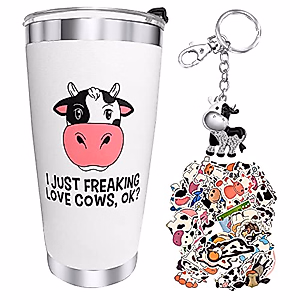 Cow Themed Gifts- Cow Print Tumbler Cup Gift for Women with Cow Keychain- Cow Print Stickers 50 pack- Gift Idea for Cow Lover- Farm Gifts for Women Stainless Steel (20 OZ)