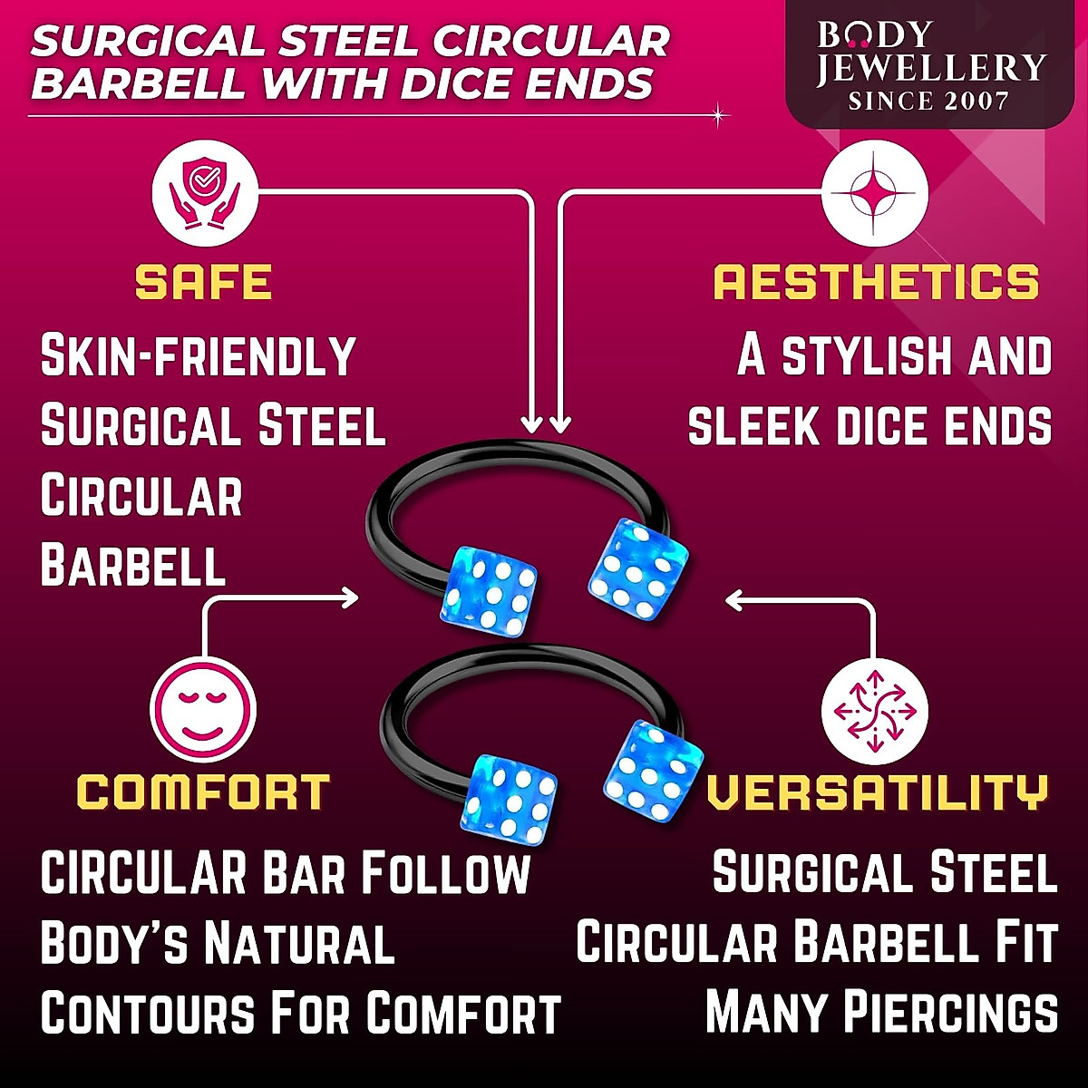 bodyjewellery 2pcs 16g 3/8 Horseshoe Ring Septum Catilage Hoop Nose Lip Conch Tragus Helix Black Anodized Steel Dice Ball - Pick Color (dark blue)