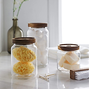 KMwares Set of 3 Clear Glass Food Jars/Canisters with Airtight Seal Acacia Wood Lids for Kitchen/Bathroom/Pantry Storage, Serving Pasta, Candy, Snack, Leaf Tea, Coffee Bean, Dry food