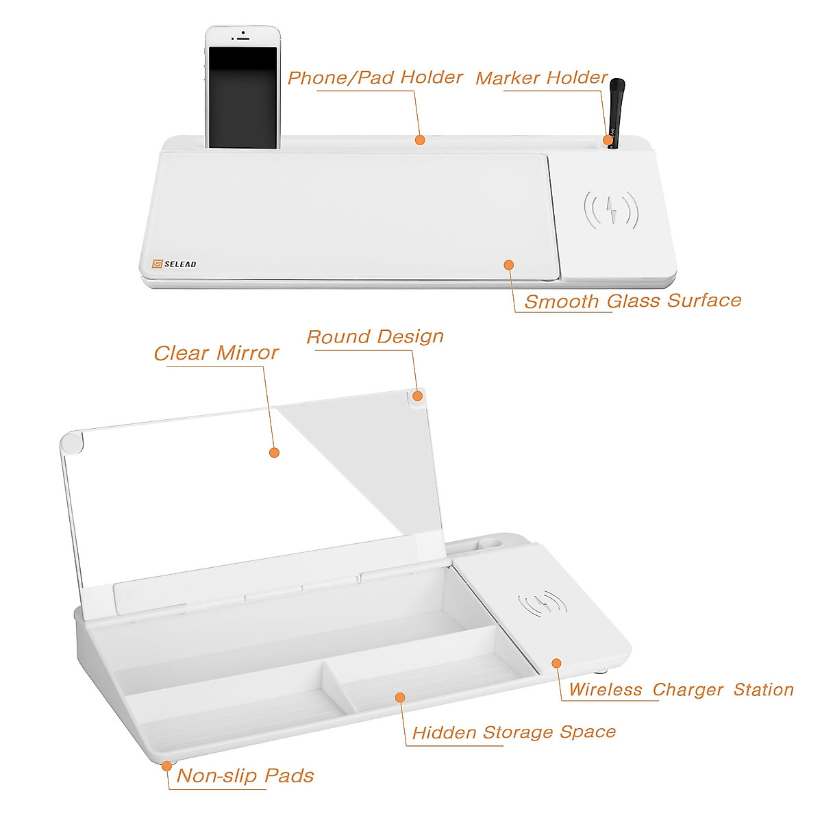 SELEAD Desktop Glass Whiteboard with Wireless Charger Station & Built-in Mirror, Dry Erase Board Computer Pad Keyboard Stand with Organizer for Home, School, Office Desk Accessories, White