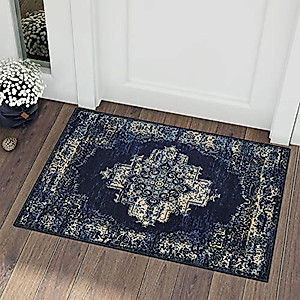 Wonnitar Oriental Medallion Area Rug - 2x3 Washable Entryway Rug,Vintage Non-Slip Kitchen Sink Mat Oriental Bedroom Small Rug,Distressed Throw Rug for Bathroom Laundry Dorm,Navy Blue