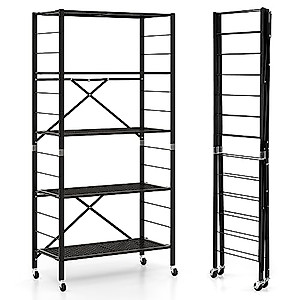 Giantex 5-Tier Folding Bookshelf with Wheels Black, 60" Tall Foldable Metal Shelves for Storage, Freestanding Open Shelving Storage, Easy Assembly Bookcase Display Shelving Rack