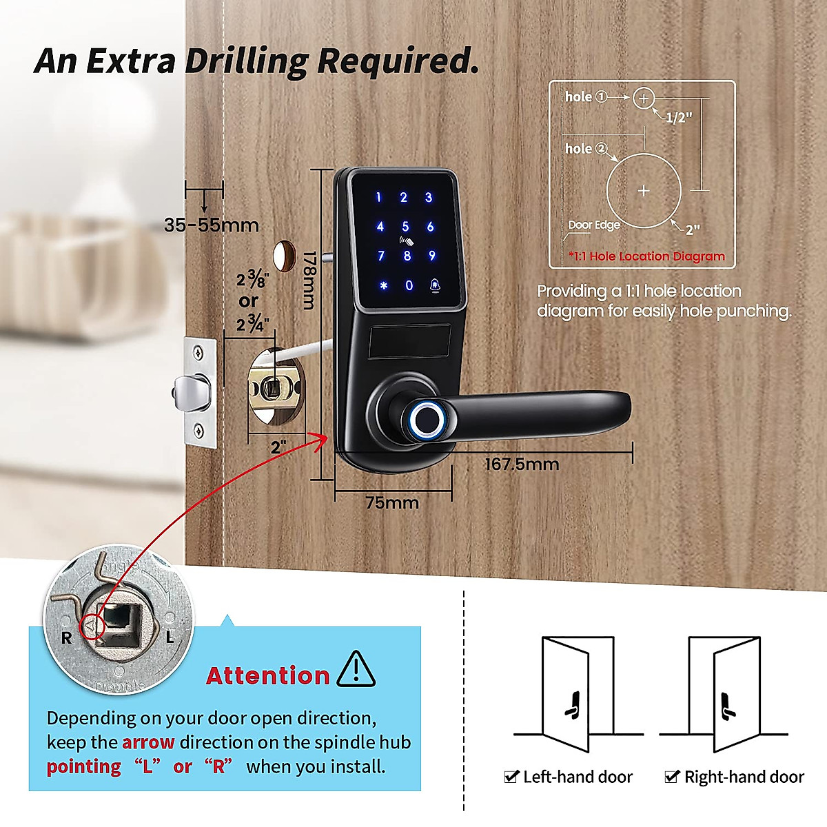 LOQRON Smart Fingerprint Door Lock, Security Keyless Entry Door Lock with Reversible Handle, Bluetooth Electronic Deadbolt Lock, App Control, Anti-Peep Digital Door Lock for Home Office - Black
